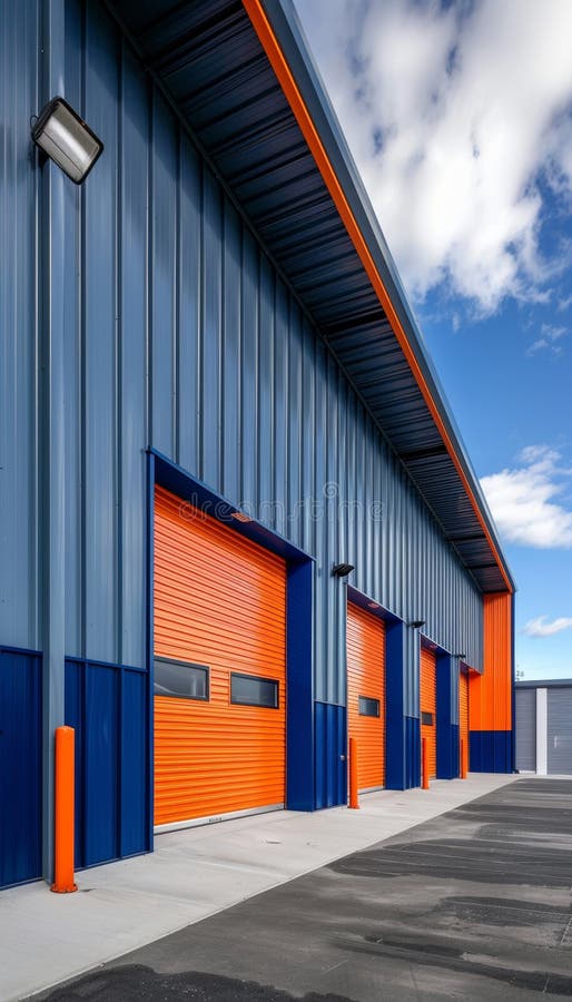 Modern Warehouse Design with Striking Blue Exterior and Orange Accents ...