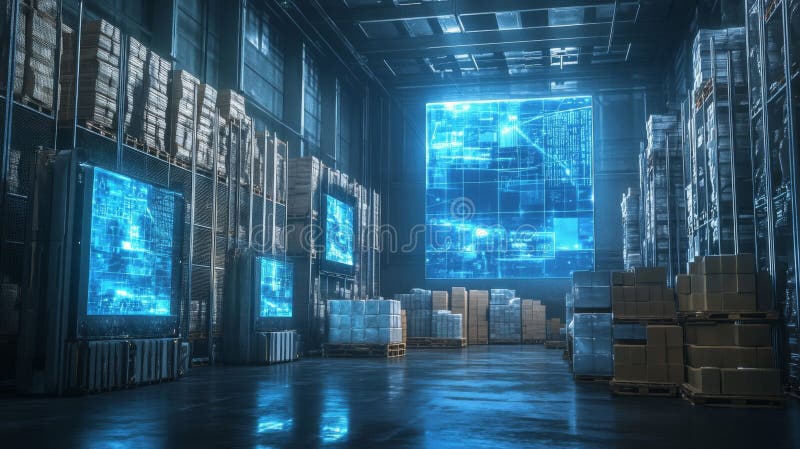 Modern Warehouse with Digital Displays and Stacked Boxes Stock ...
