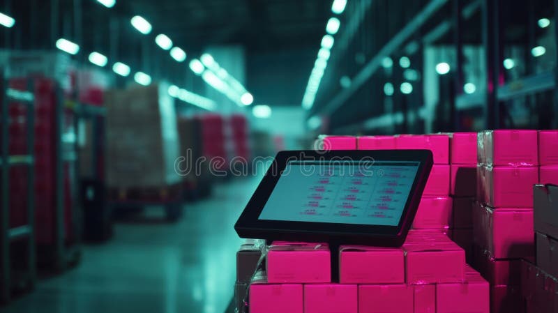 Modern Warehouse with Digital Screen and Neatly Stacked Boxes Stock ...