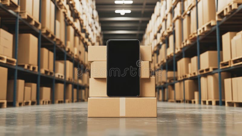 Modern Warehouse Displays a Smartphone among Organized Cardboard Boxes ...