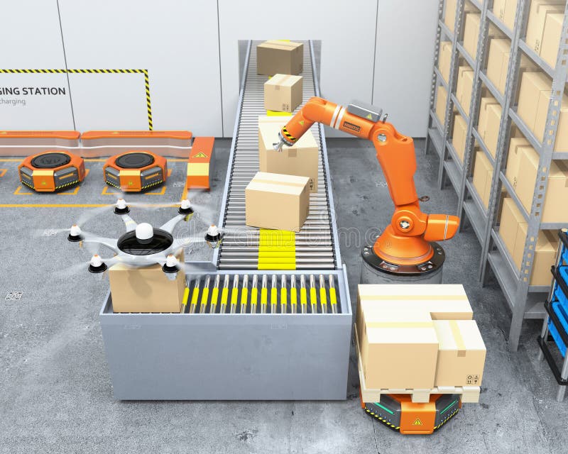 Modern Warehouse Equipped with Robotic Arm, Drone and Robot Carriers ... Modern Warehouse Equipped with Robotic Arm, Drone and Robot Carriers ...