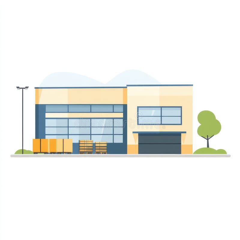 Modern Warehouse Exterior with Cargo and Landscape Stock Illustration ...