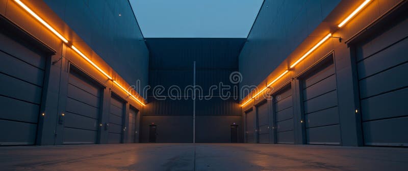 Modern Warehouse Exterior Night Lighting Large Doors. Stock Photo ...
