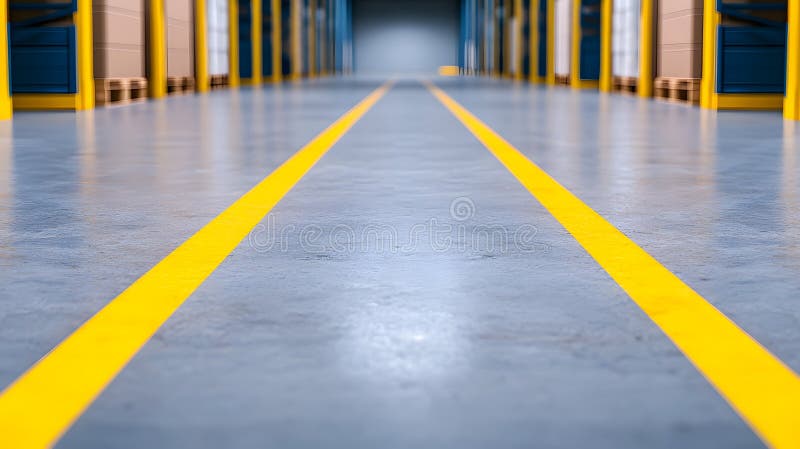 A Modern Warehouse Facility Featuring Bright Yellow Paths for Efficient ...