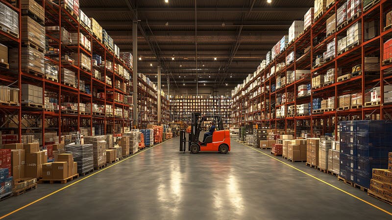 Warehouse with High Storage Racks and Forklift Moving Boxes in a Well ...