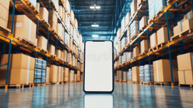 Modern Warehouse Featuring Smartphone with Blank Screen and Organized ...