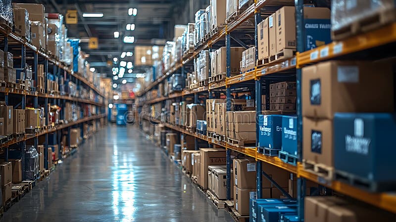 Modern Warehouse Filled with Neatly Organized Shelves of Boxes ...