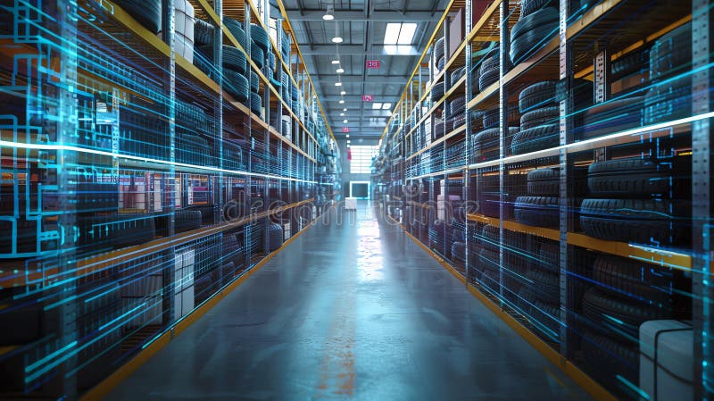A Modern Warehouse with High Shelves Filled with Boxes, Illuminated by ...