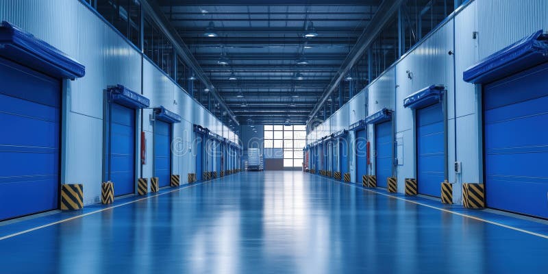 Modern Warehouse Interior with Blue Doors and Polished Concrete Floor ...