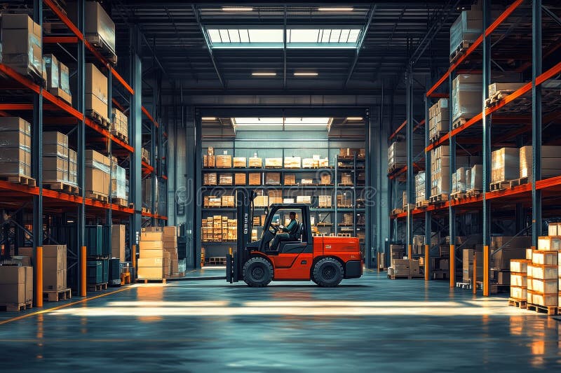 Modern Warehouse Interior with Boxes and a Forklift in Operational Use ...