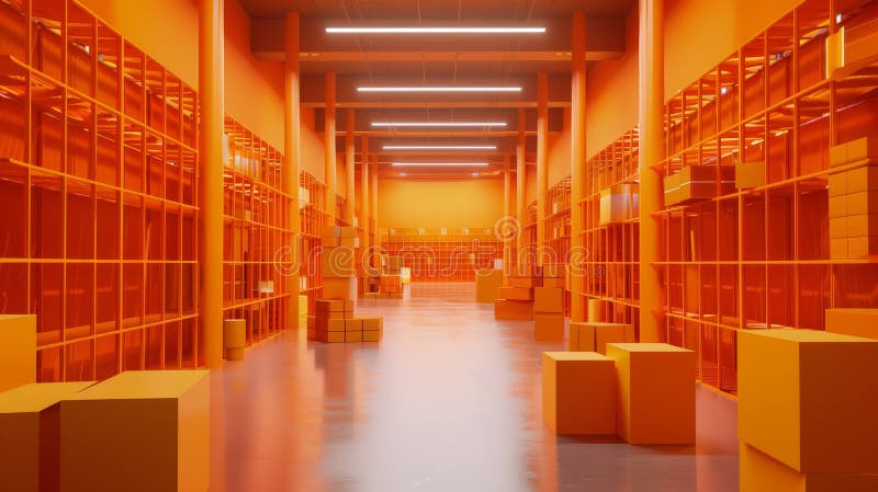 A Modern Warehouse Interior with Bright Orange Walls Shelving and Boxes ...