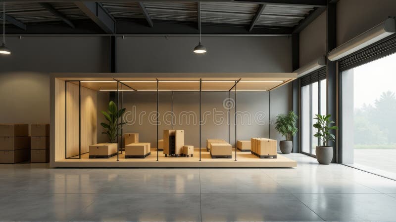 Modern Warehouse Interior with Cardboard Boxes and Plants Stock Illustration - Illustration of ...