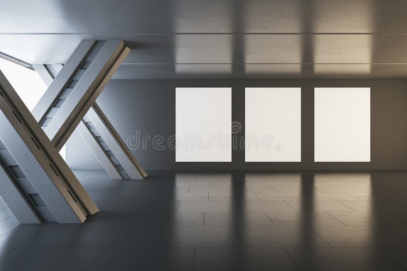 Modern Warehouse Interior with Empty White Mock Up Banners on Wall. 3D ...