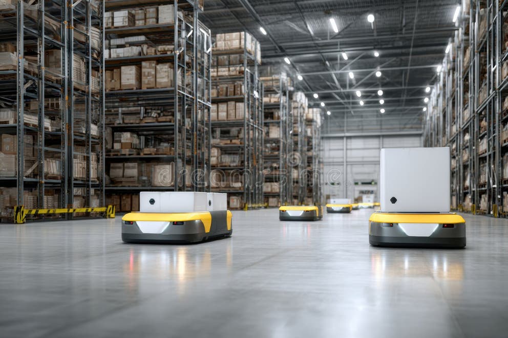 Modern Warehouse Interior Features Smart Delivery Robots Navigating ...