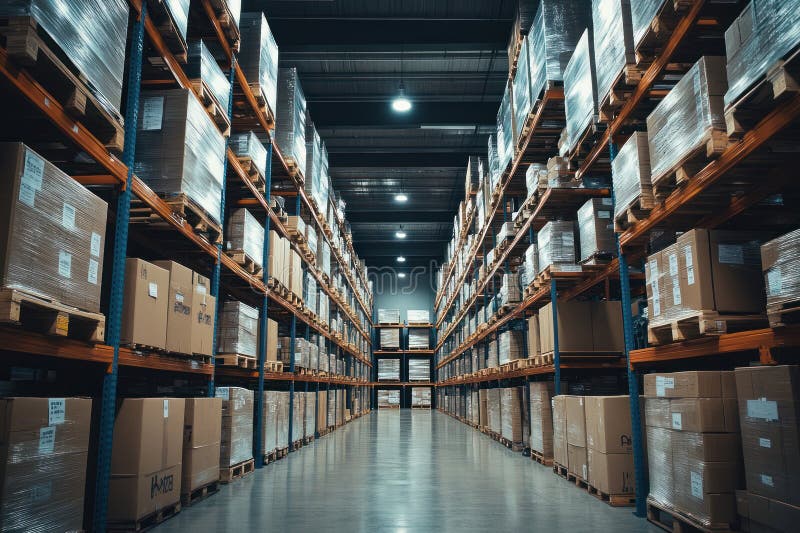 A Modern Warehouse Interior Featuring Shelves Stacked High with Boxes ...