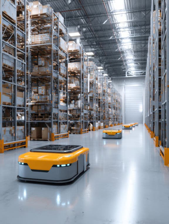 Modern Warehouse Interior Featuring Smart Delivery Robots in an ...