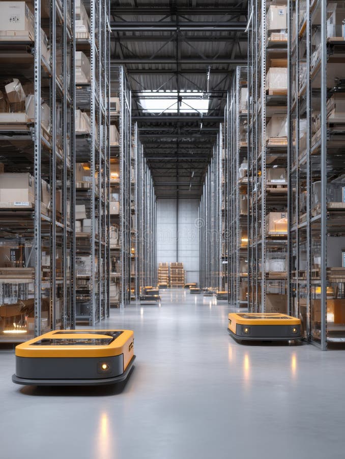 Modern Warehouse Interior Featuring Smart Delivery Robots Working Efficiently in a Spacious ...