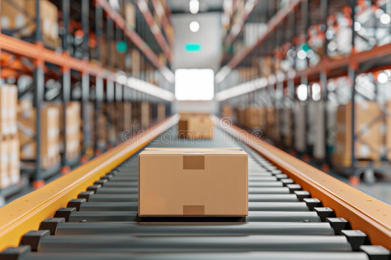 Modern Warehouse Interior with Cardboard Boxes on Conveyor Belt ...