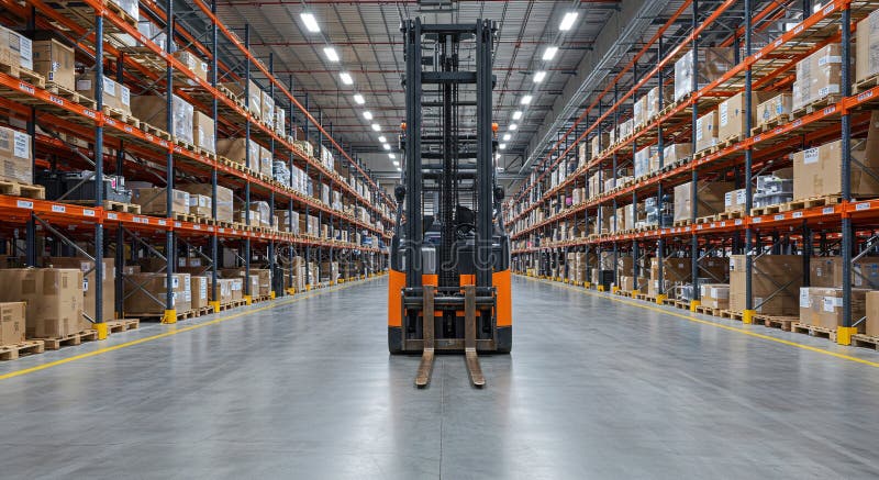 Modern Warehouse Interior with Forklift and Rows of Storage Racks Stock ...