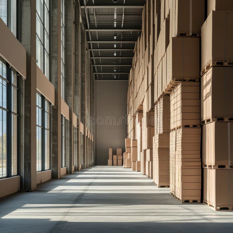 Modern Warehouse Interior with High Ceilings and Stacked Boxes Stock ...