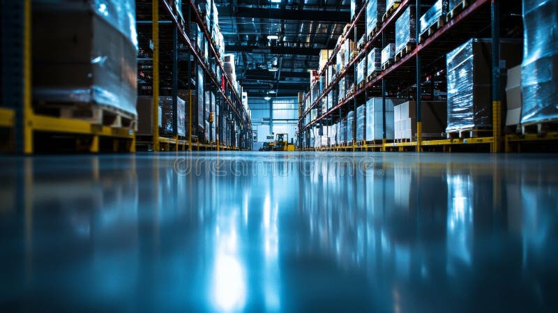 Modern Warehouse Interior with High Shelves and Reflective Floor Stock ...
