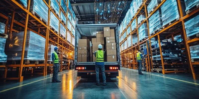 Modern Warehouse Interior with a Loaded Truck, Workers and Racks. the ...