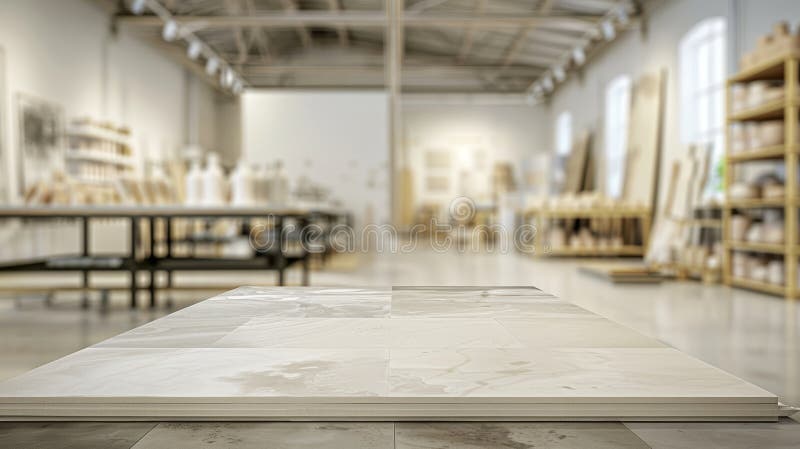 Modern Warehouse Interior with Marble Tile Display in Bright Industrial ...