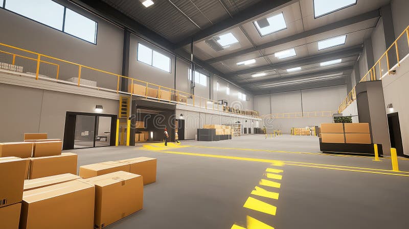 Modern Warehouse Interior with Multiple Levels and Goods Stock ...
