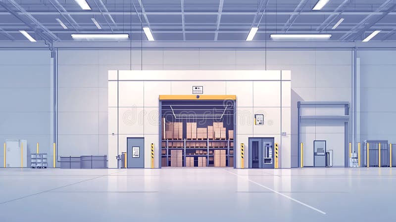 Modern Warehouse Interior with Open Loading Dock and Cardboard Boxes ...