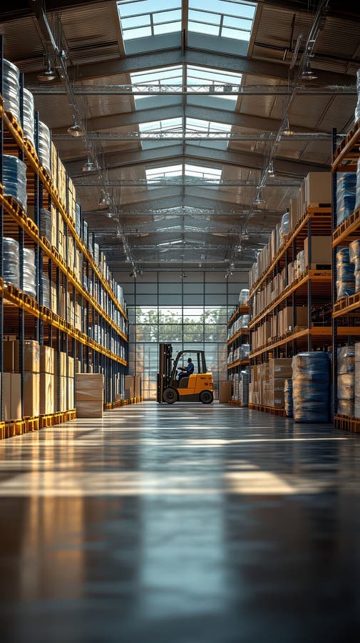 Modern Warehouse Interior with Organized Inventory and Active Forklifts ...