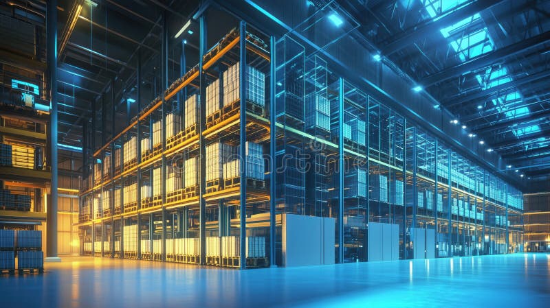 Modern Warehouse Interior with Organized Shelving and Ambient Lighting ...