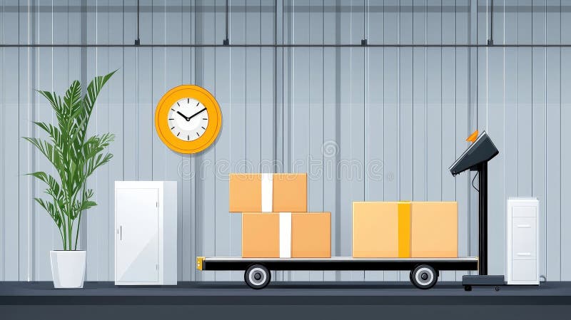Modern Warehouse Interior with Packages, Plant, Clock, and Conveyor ...
