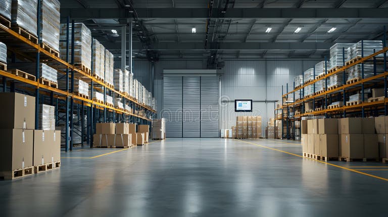 Modern Warehouse Interior with Pallets and Boxes, Focused on Growth and ...