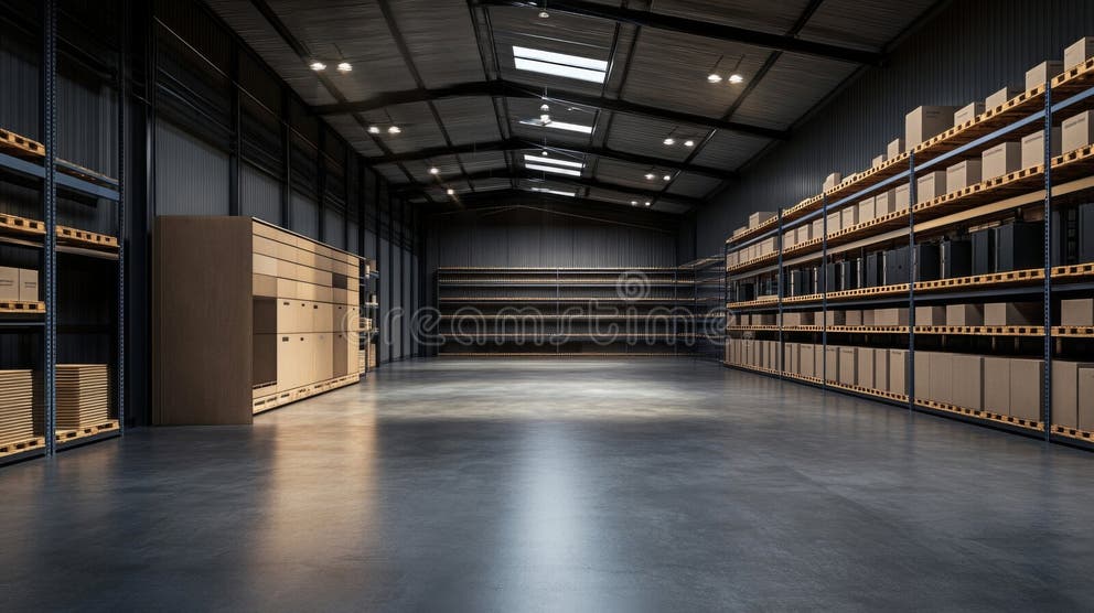 Modern Warehouse Interior with Rows of Cardboard Boxes Stock ...