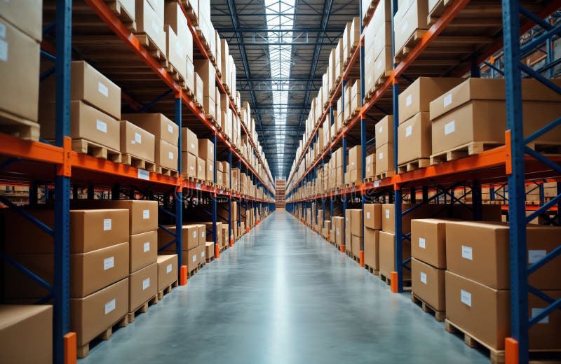 Modern Warehouse Interior. Rows of Metal Racks Hold Numerous Cardboard ...