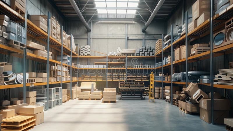 Modern Warehouse Interior with Rows of Shelves Containing Various Goods ...