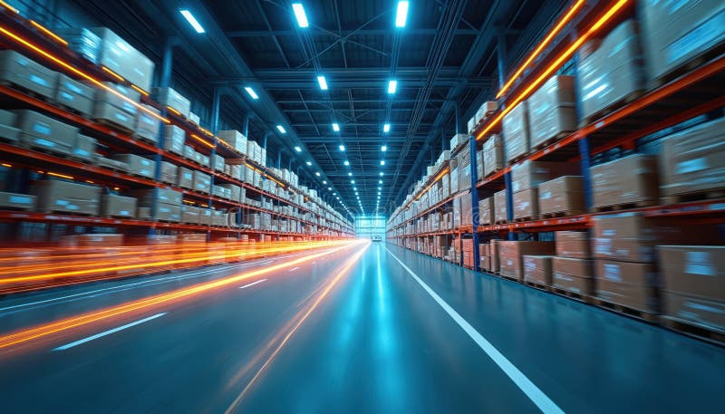 Modern Warehouse Interior with Rows of Shelves Filled with Boxes, Efficient Logistics, Fast ...