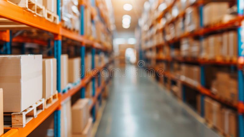 Modern Warehouse Interior with Rows of Shelves Full of Cardboard Boxes ...