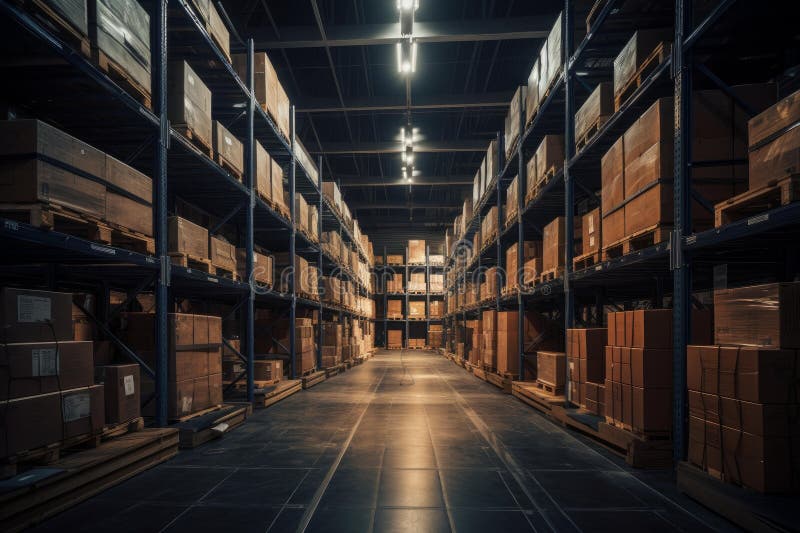 Modern Warehouse Interior with Rows of Shelves Stock Photo - Image of ...