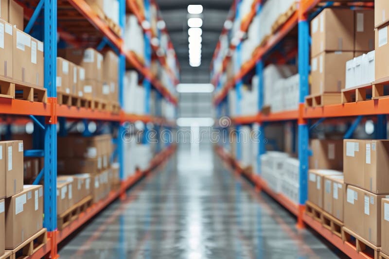 Modern Warehouse Interior with Rows of Shelving and Cardboard Boxes ...