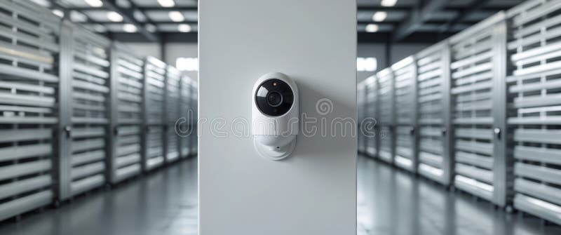 Modern Warehouse Interior with Security Camera and Storage Racks. Stock ...