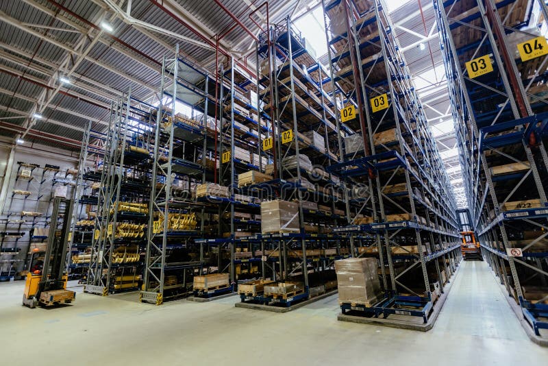 Modern Warehouse Interior with Shelves and Boxes Stock Photo - Image of ...