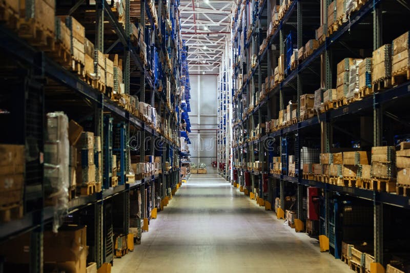 Modern Warehouse Interior with Shelves and Boxes Stock Image - Image of ...