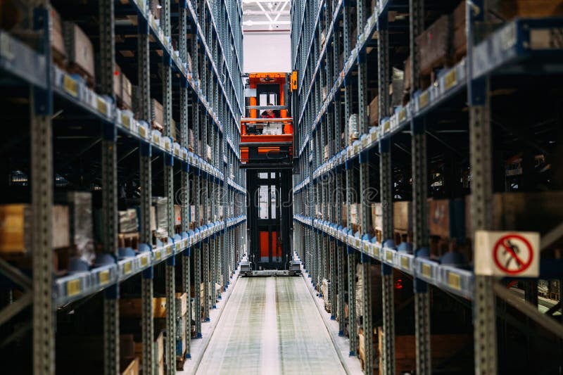Modern Warehouse Interior with Shelves and Boxes and Forklift Loader ...
