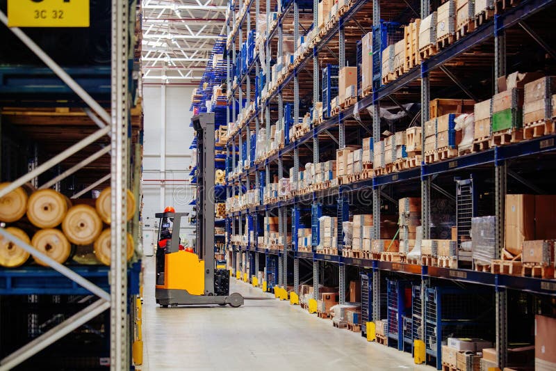 Modern Warehouse Interior with Shelves and Boxes and Forklift Loader ...