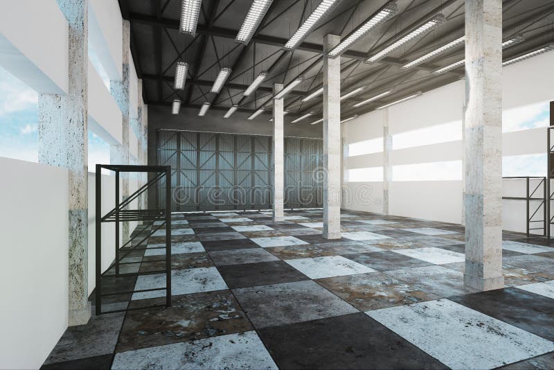 Modern Warehouse Interior with Window and Blank Brick Wall Stock ...