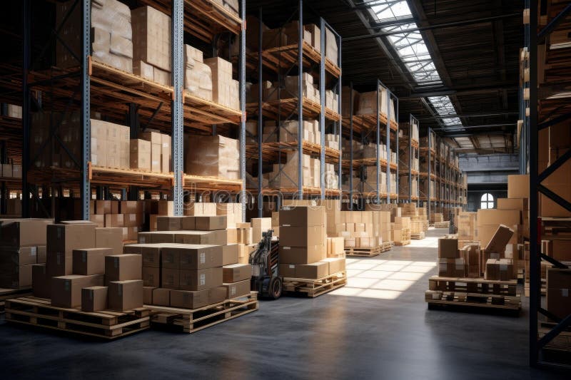Modern Warehouse Interior with Stacked Packages Stock Photo - Image of ...