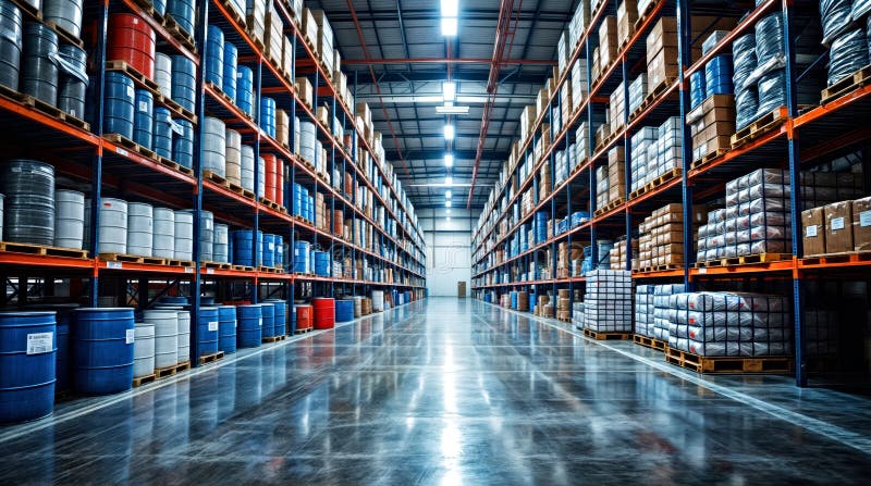 Modern Warehouse Interior with Stacked Shelves and Industrial Storage ...