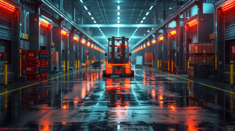 Modern Warehouse with Neon Lighting and Forklift - Generative Ai Stock Illustration ...