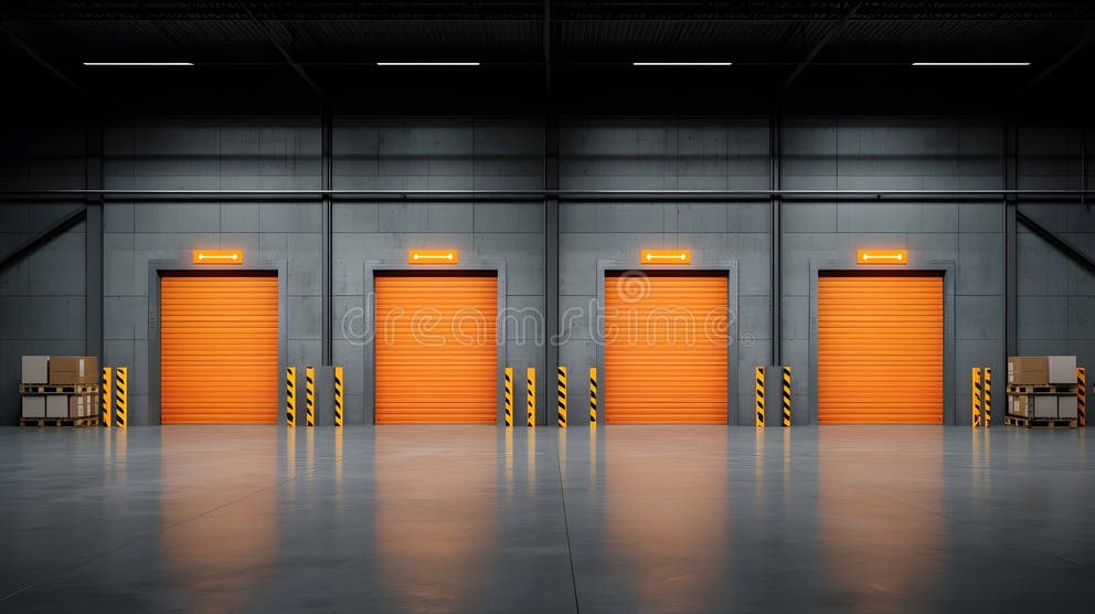 Modern Warehouse with Orange Doors and RFID Indicators - a Futuristic ...